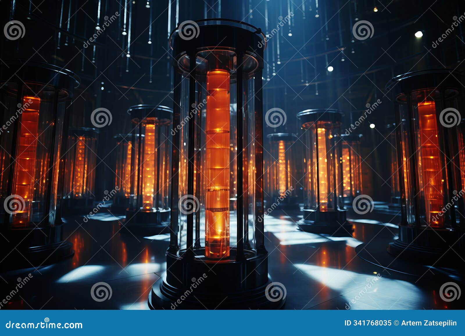 Rows of Glowing Futuristic Energy Cylinders in Dimly Lit Sci-fi ...