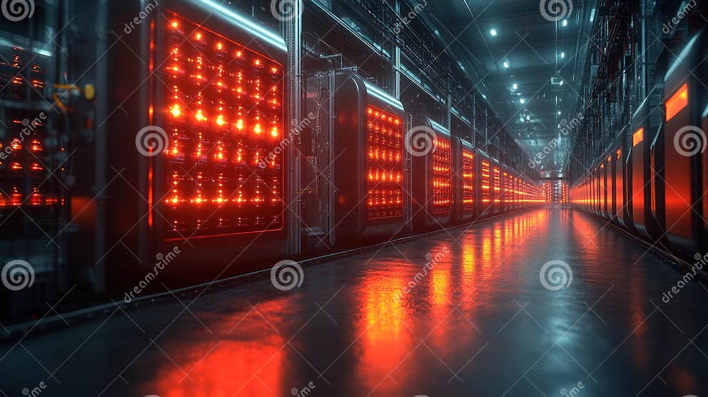 Rows of Glowing Servers in a Futuristic Data Center with Red Lights Stock Illustration ...