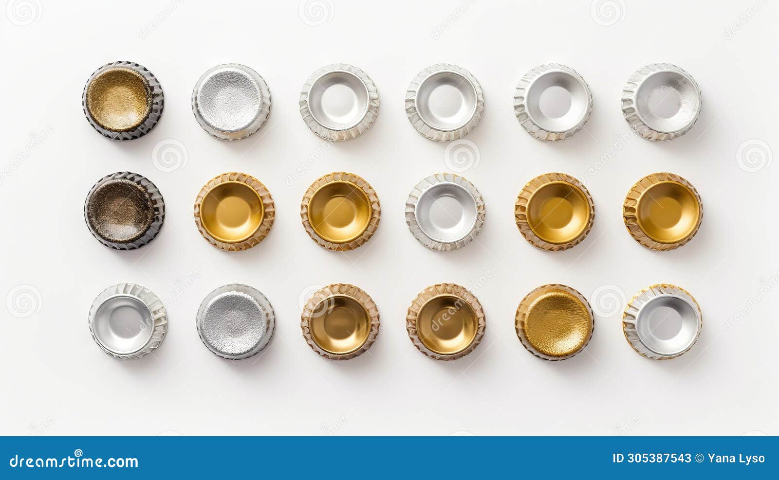 Rows of Golden and Silver Bottle Caps on White Surface. Top View Stock ...