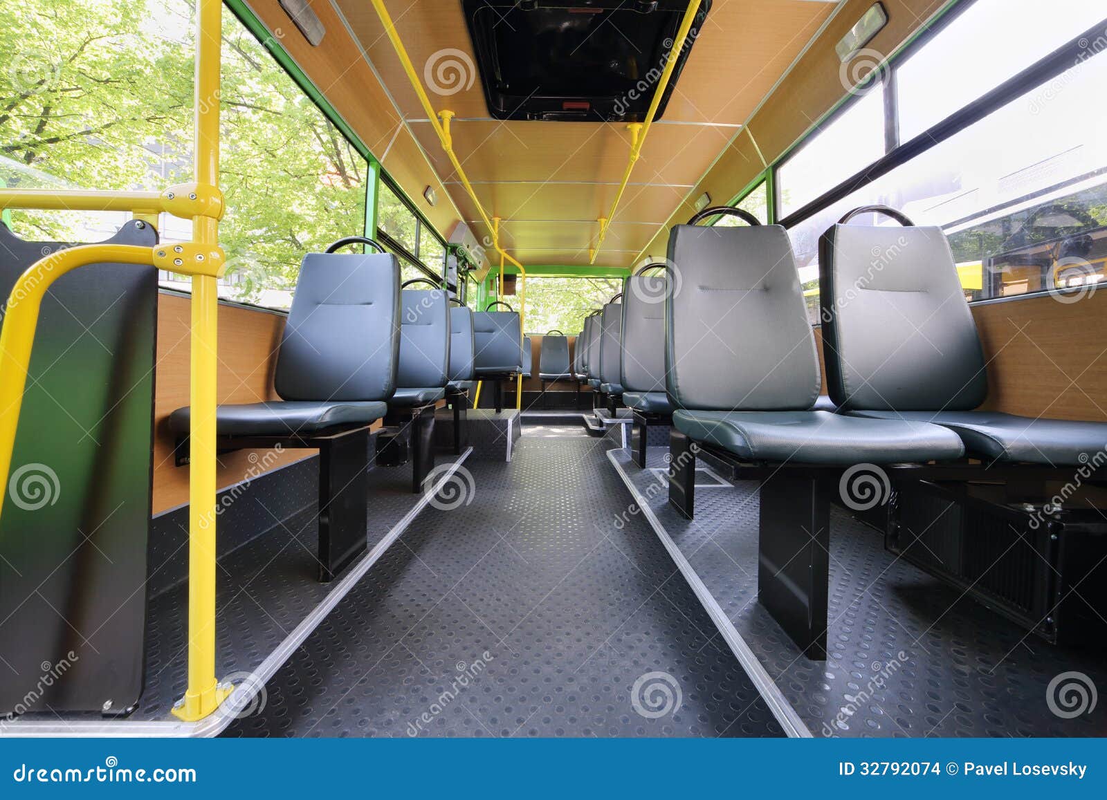 Rows of Grey Seats Inside Clear Saloon of Empty City Bus Stock Photo ...