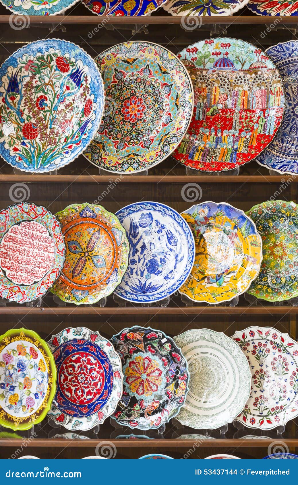 Rows of Hand Painted Turkish Plates on Shelf Stock Photo - Image of ...