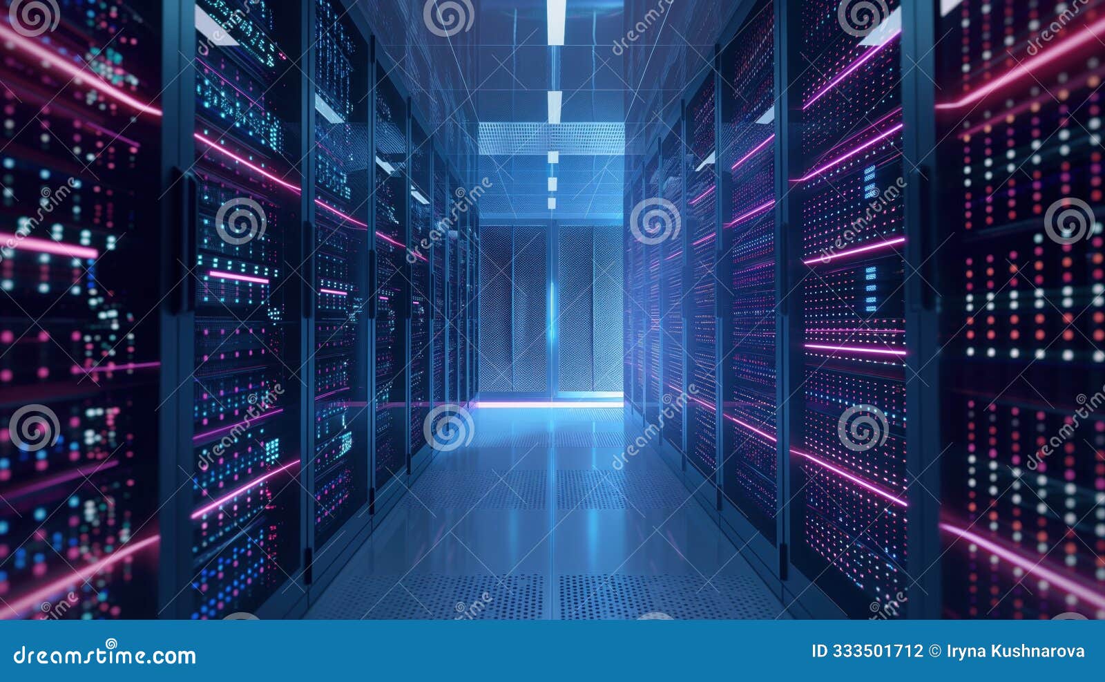 Rows of High-tech Computer Servers in a Modern Data Center. Blue-lit ...