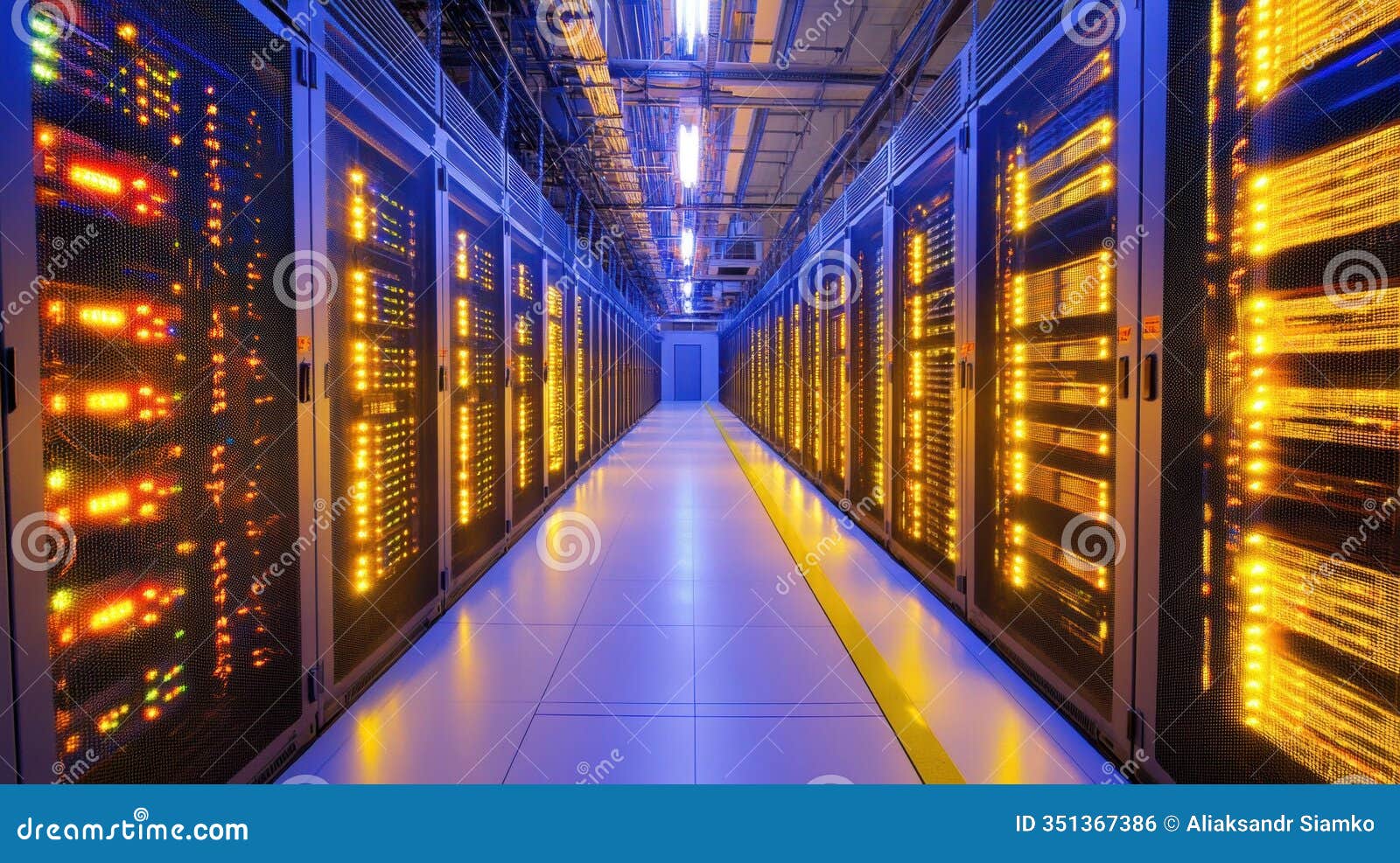 Rows of Illuminated Server Racks in a High-tech Data Center Stock Illustration - Illustration of ...