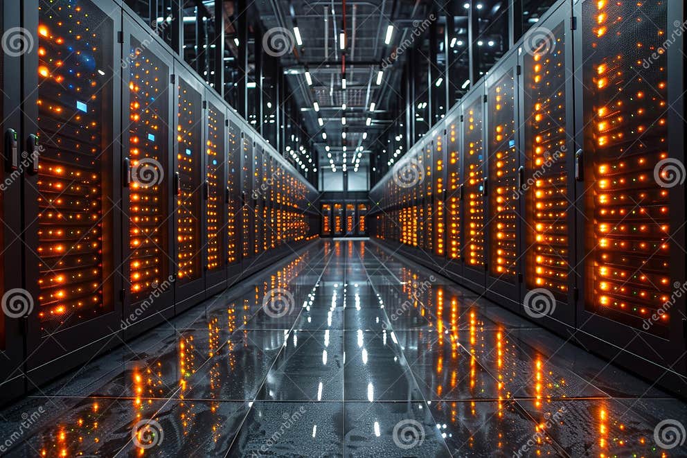Rows of Illuminated Server Racks Inside a Modern Data Center at Night ...