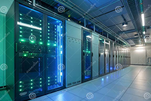High Tech Server Room Filled with Illuminated Racks and Advanced ...