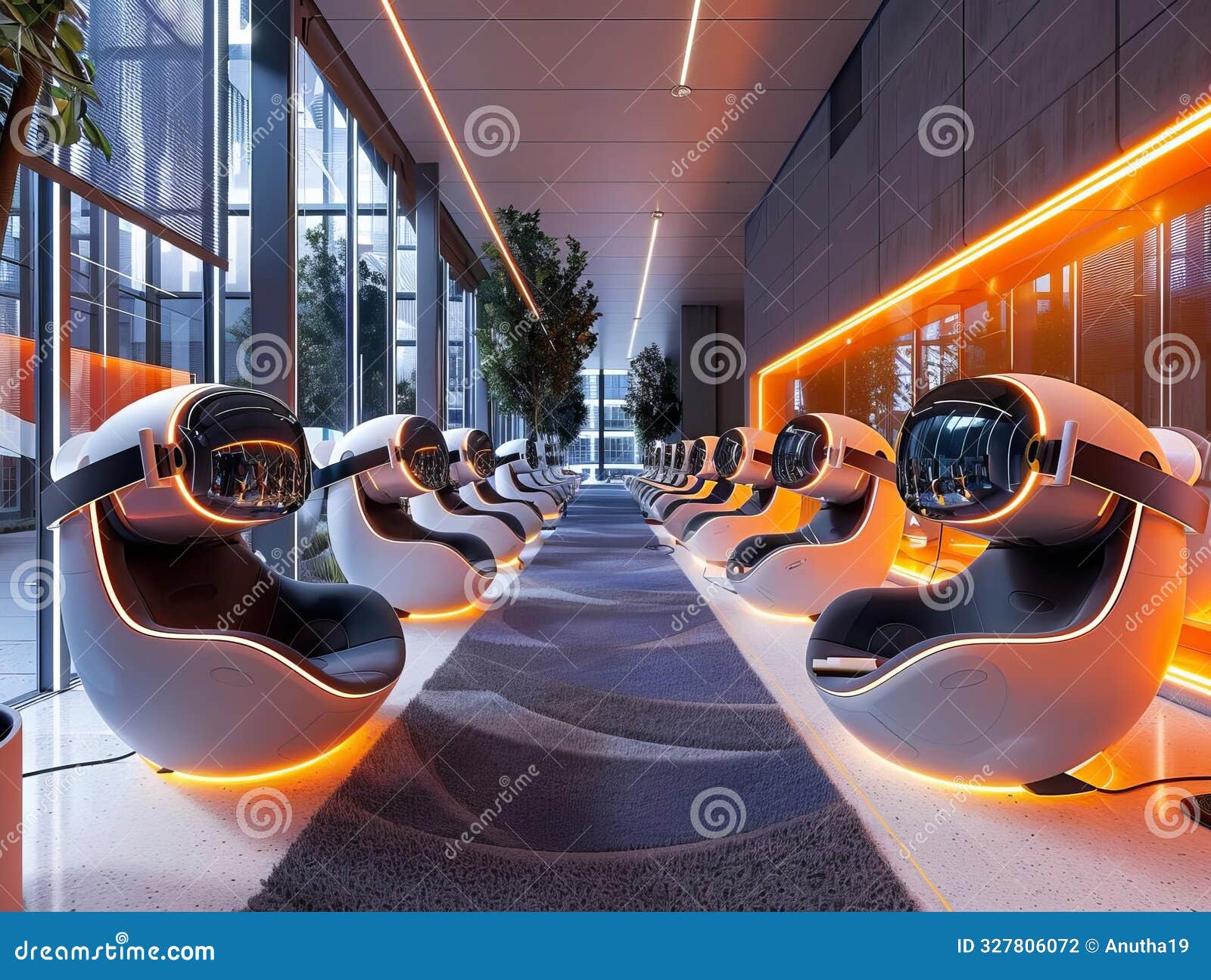 Rows of Illuminated VR Pods in a Modern Lounge with Panoramic Windows ...