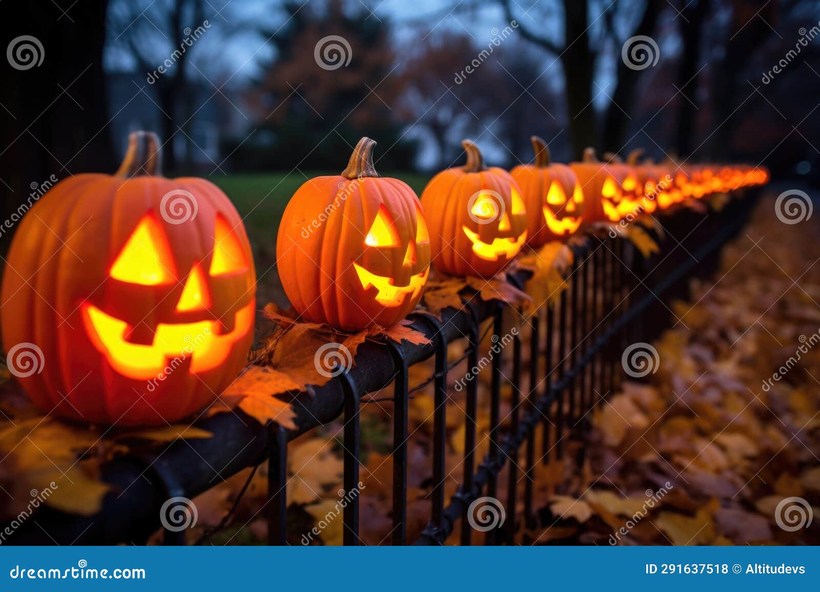 Rows of Jack-o-lanterns on a Picket Fence at Night Stock Photo - Image ...