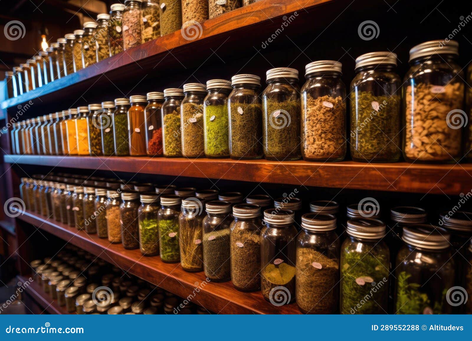 Rows of Labeled Jars Filled with Dried Herbs Stock Photo - Image of ...