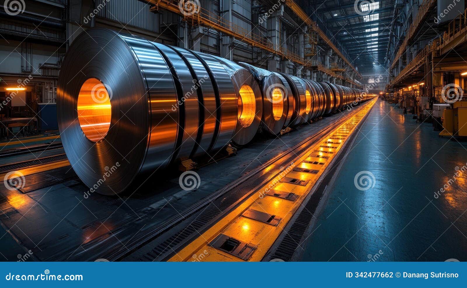 Rows of Large Metal Coils in a Factory Setting with Lighting Reflecting ...