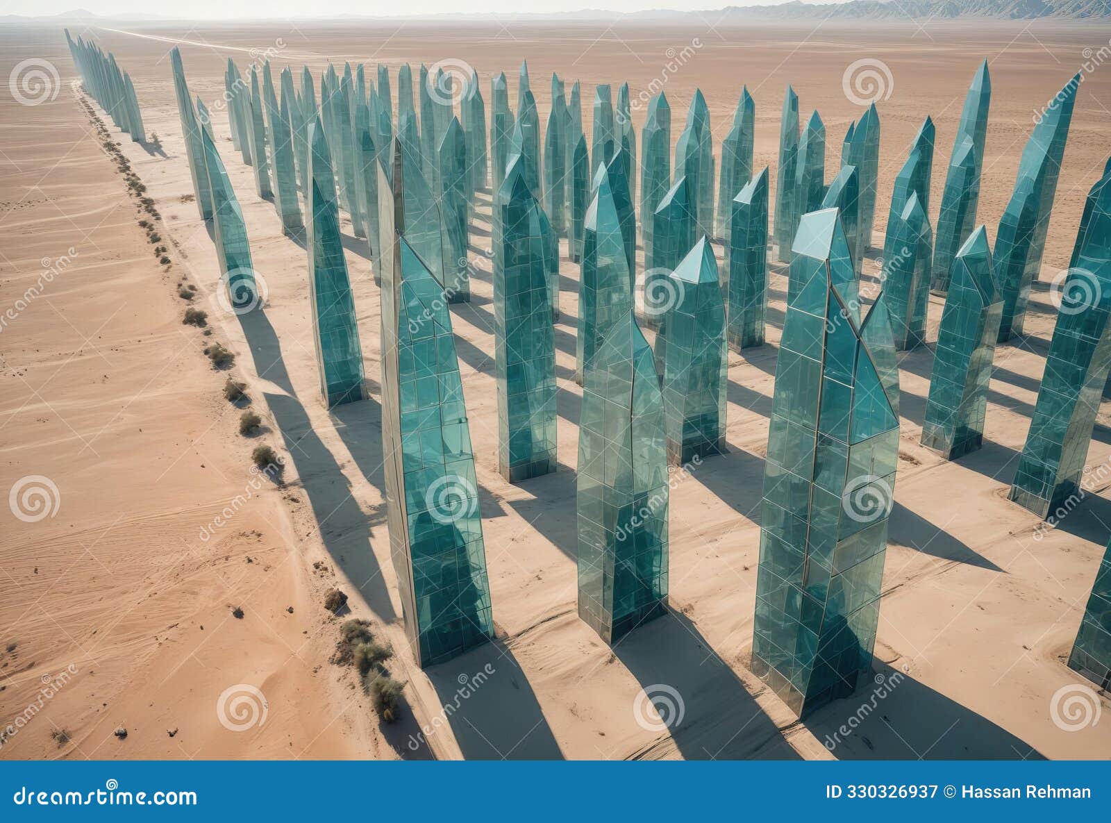 Rows of Large, Transparent, Futuristic Structures in a Desert Landscape ...