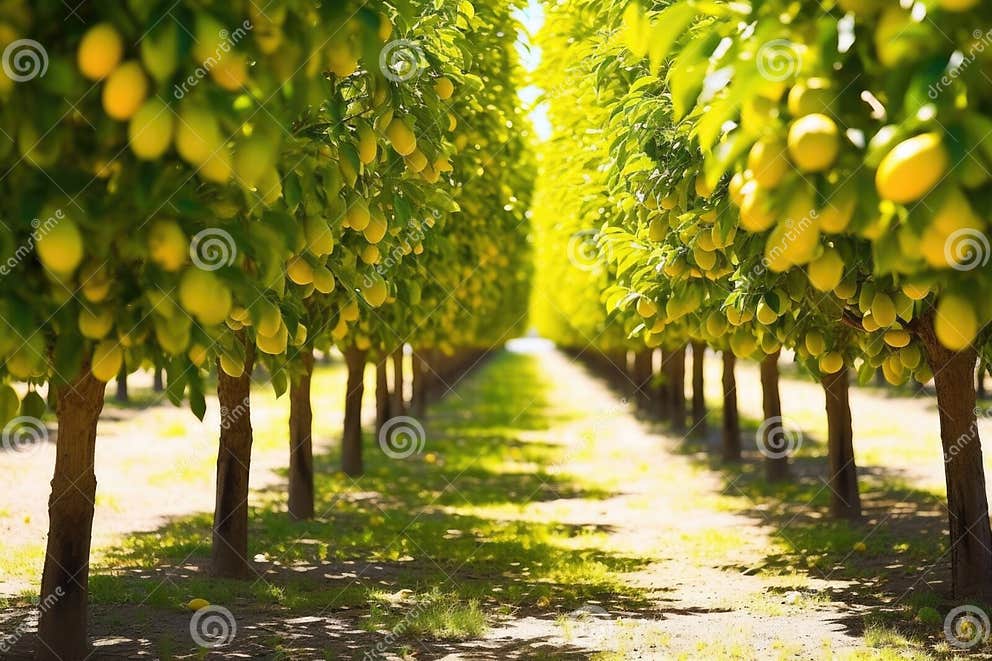 Rows of Lemon Trees in Bright Sunlight Stock Photo - Image of trees ...