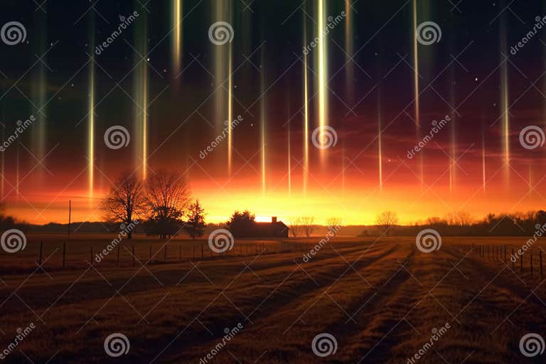 Rows of Light Pillars in Rural Landscape Stock Illustration ...