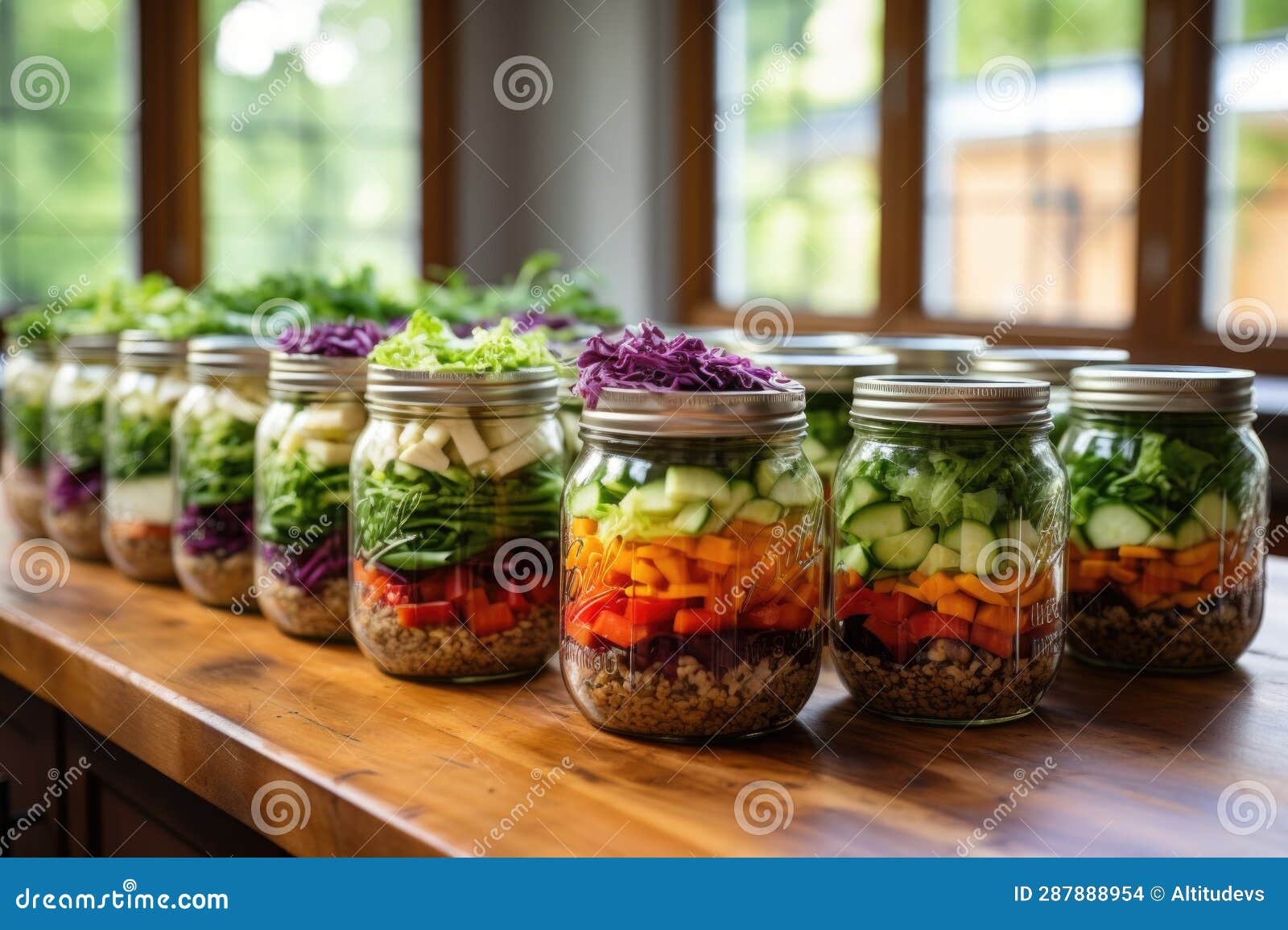 Rows of Mason Jar Salads on Kitchen Counter Stock Photo - Image of ...