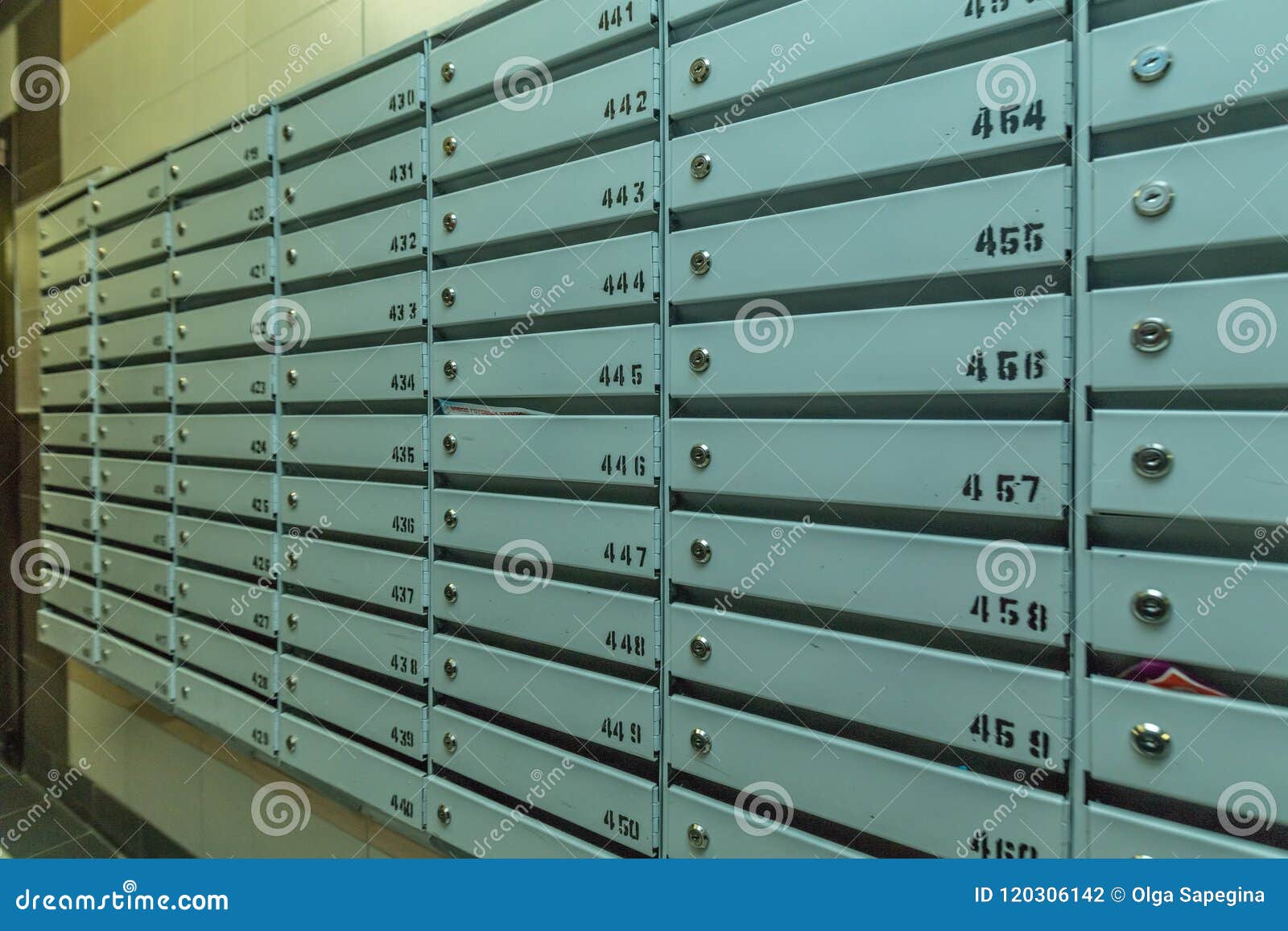 Rows of metal mailboxes stock photo. Image of house - 120306142