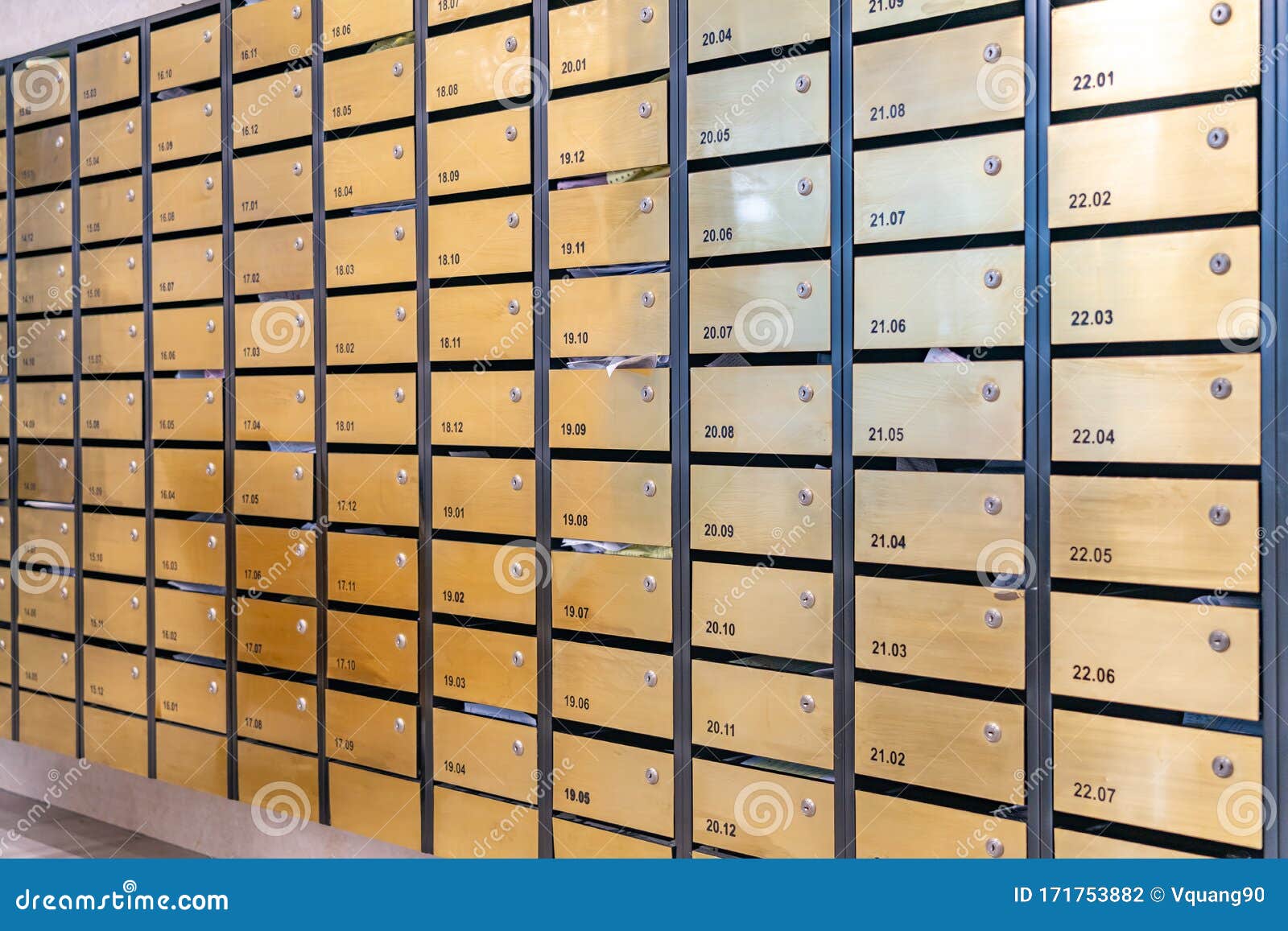 Rows of Metallic Mailbox at Postal Room Inside Condominium Building ...