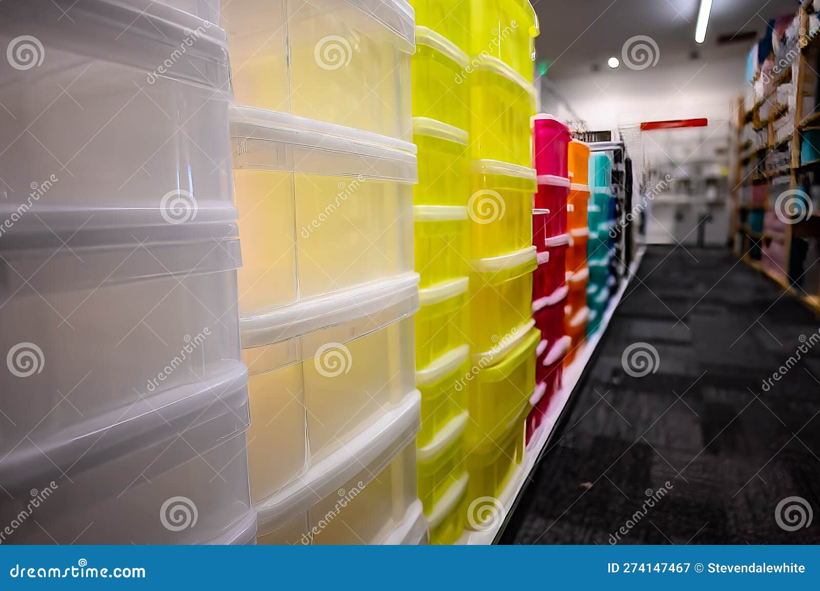 Rows of Multi-colored Storage Bin Totes in a Retail Store Shelving ...