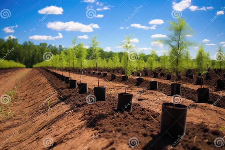 Rows of Newly Planted Trees in a Reforestation Project Stock Image ...