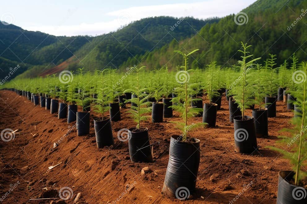 Rows of Newly Planted Trees in a Reforestation Project Stock Photo ...