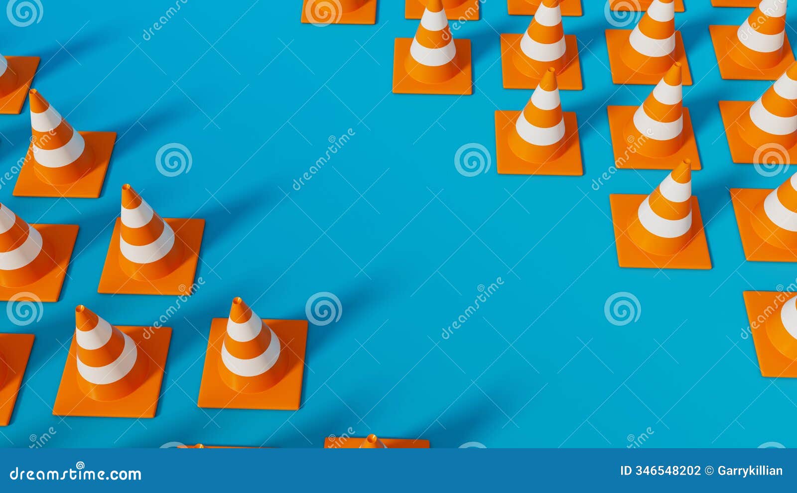 Rows of Orange Traffic Cones Isolated on Blue Background. Safety ...