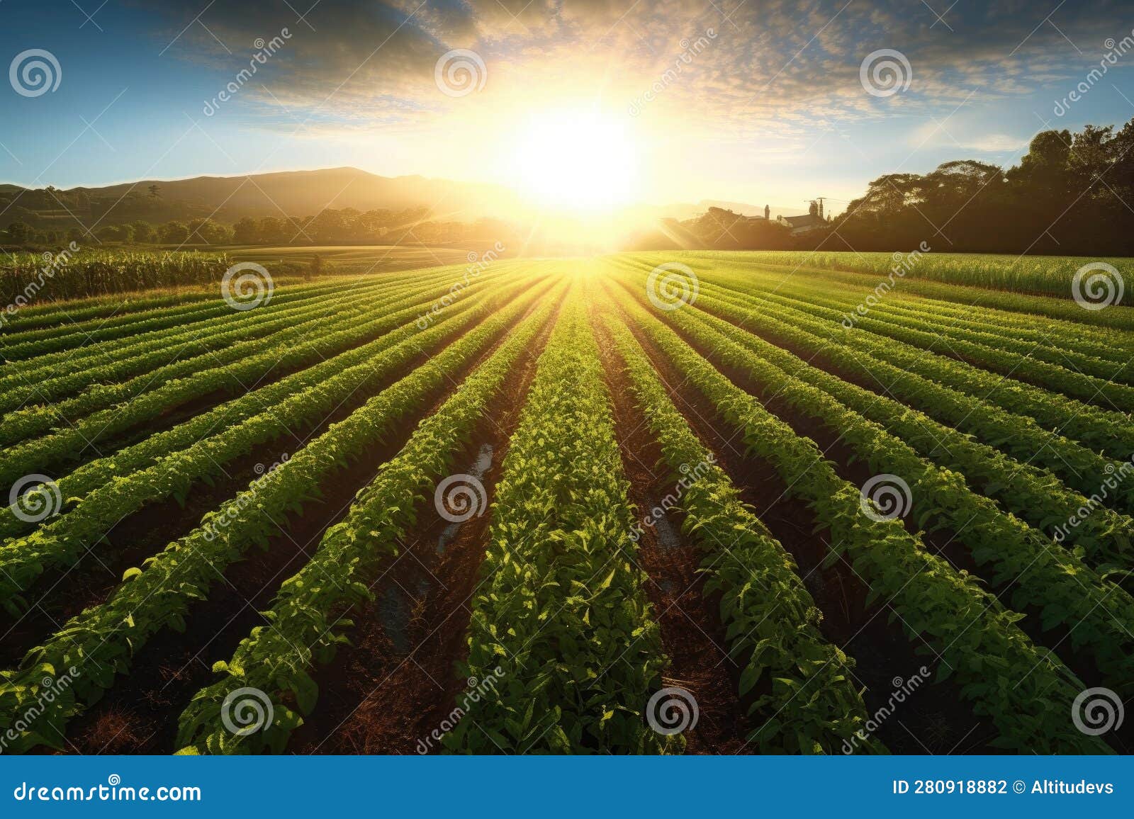 Rows of Organic Crops with Sun Rays Peaking through Stock Illustration ...