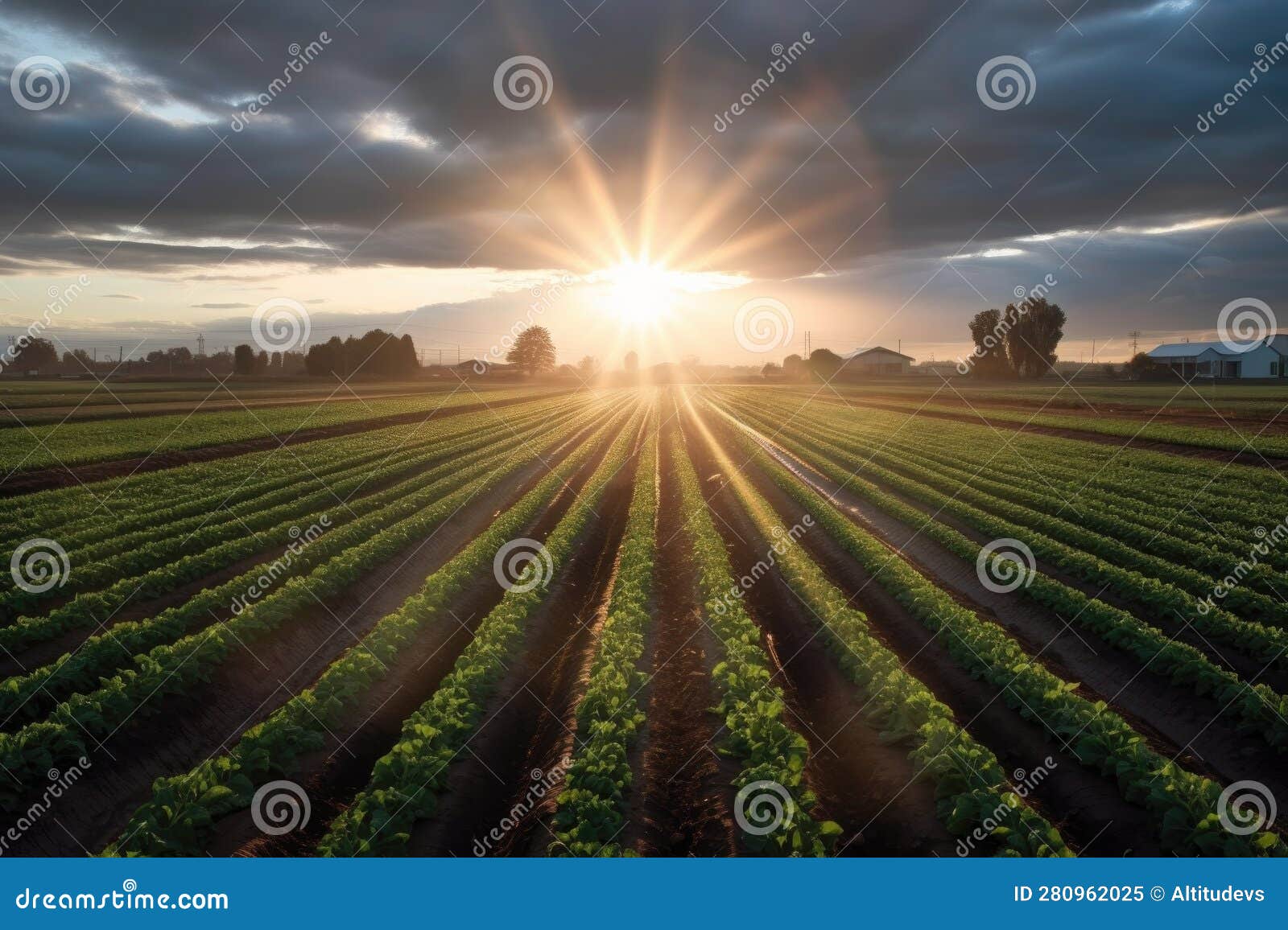 Rows of Organic Crops with Sun Rays Peaking through Stock Illustration ...