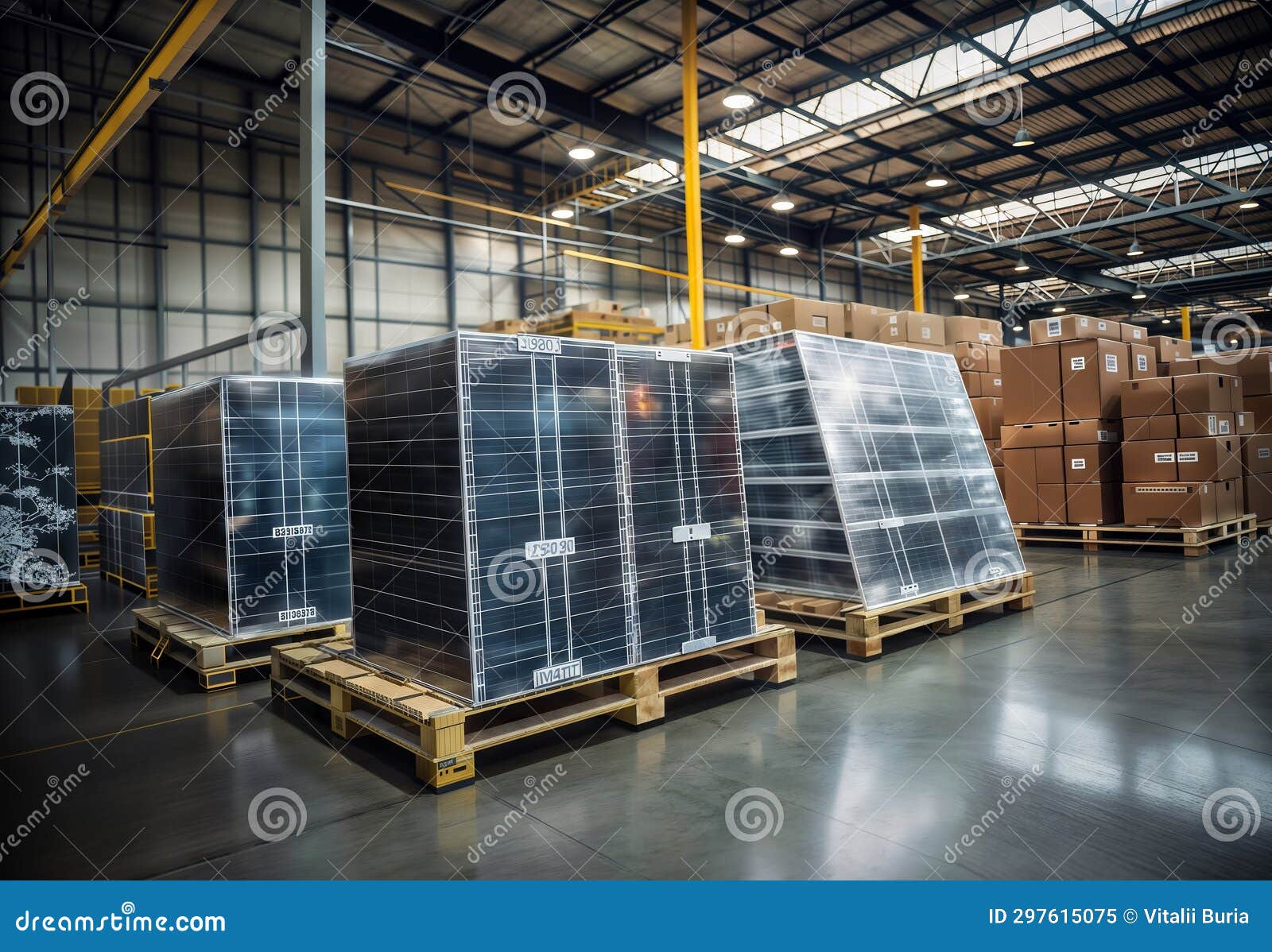Large Warehouse with Rows of Pallets and Racks Full of Solar Panels ...