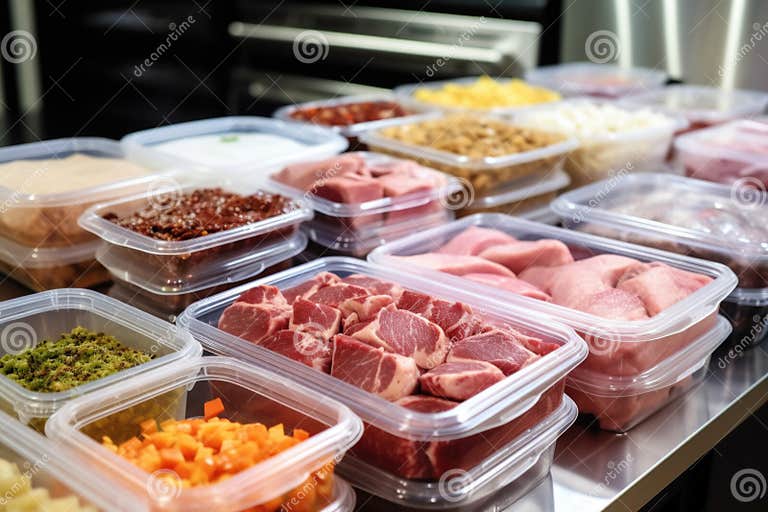 Rows of Plastic Containers Storing Leftover Meats on Counter Stock ...