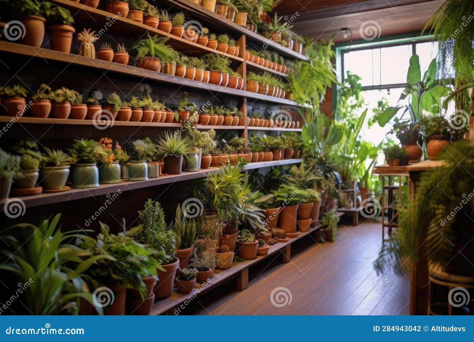Rows of Potted Plants on Wooden Shelves Stock Illustration ...
