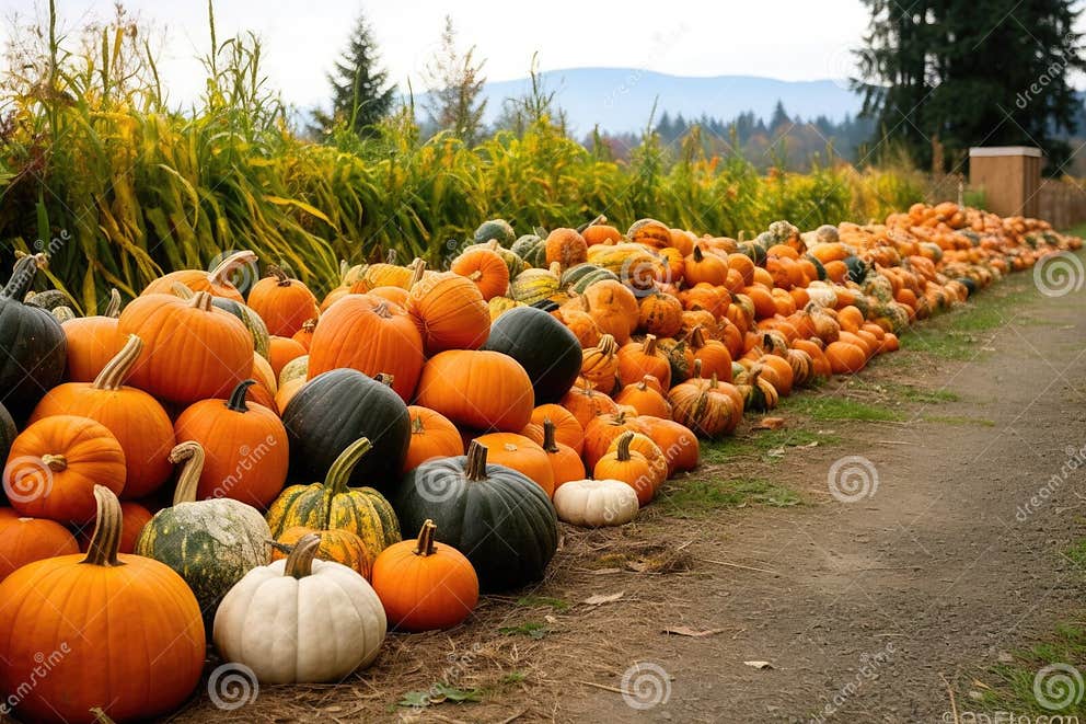 Rows of Pumpkins in Various Sizes and Shapes at a Pumpkin Patch Stock ...