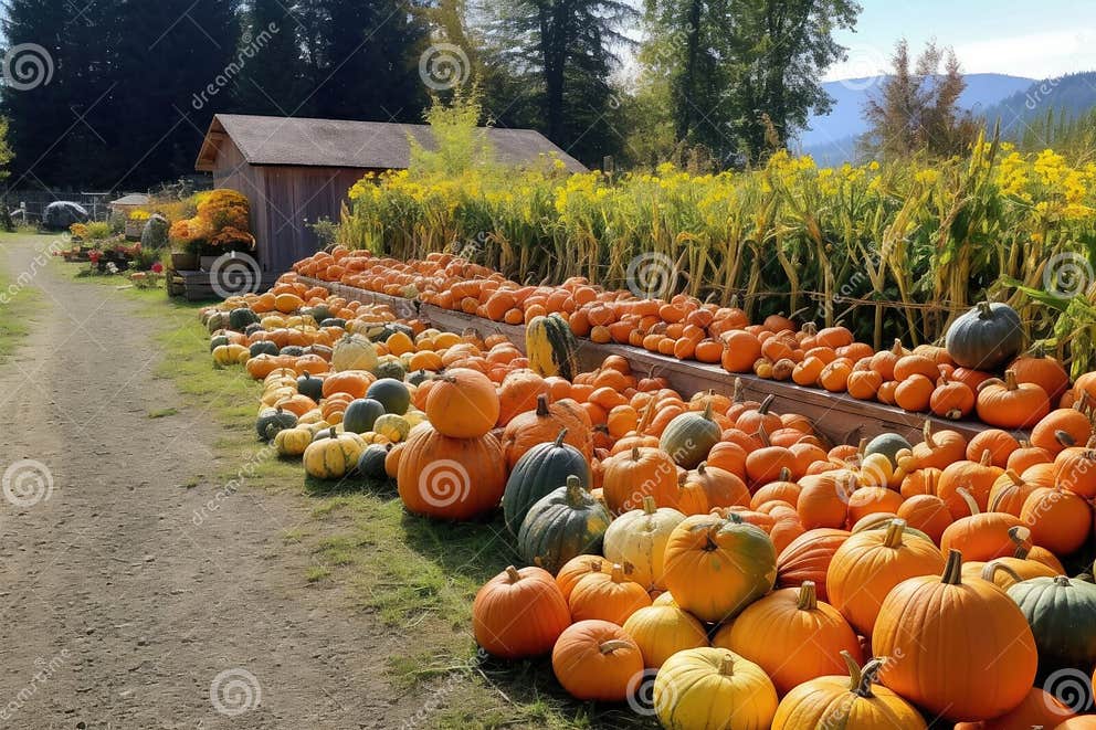 Rows of Pumpkins in Various Sizes and Shapes at a Pumpkin Patch Stock ...