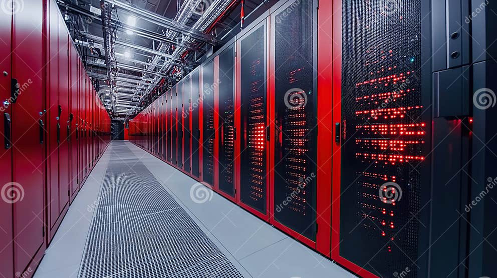 Rows of Red Server Racks Illuminate a Modern Data Center Hallway Stock ...