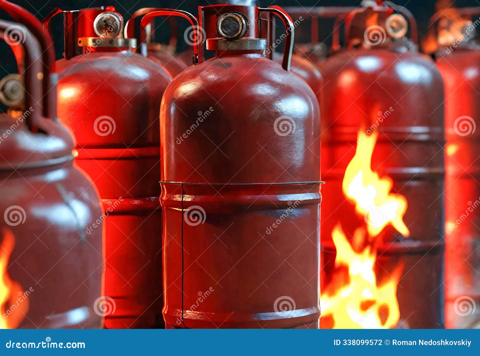 Rows of Red Steel Pressure Gas Cylinders in Fire Stock Illustration ...