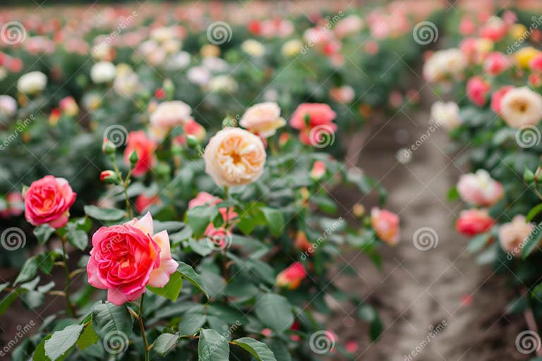 Rows of Rose Bushes in Various Stages of Bloom Outdoors Stock Photo ...