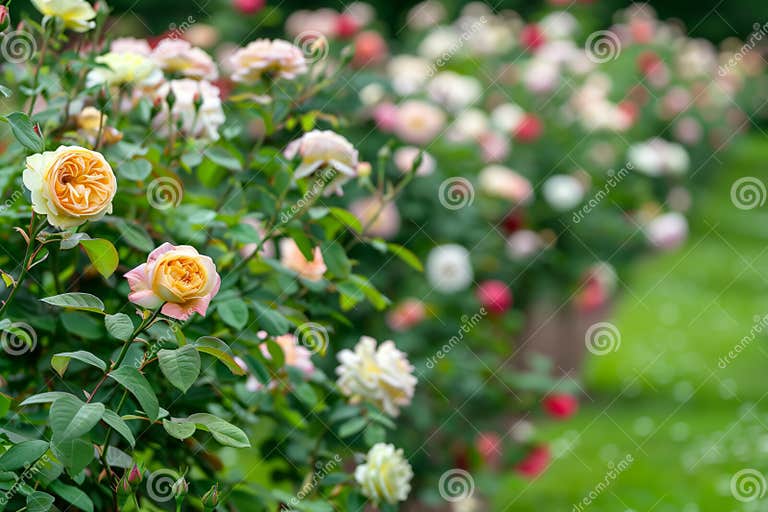 Rows of Rose Bushes in Various Stages of Bloom Outdoors Stock Photo ...