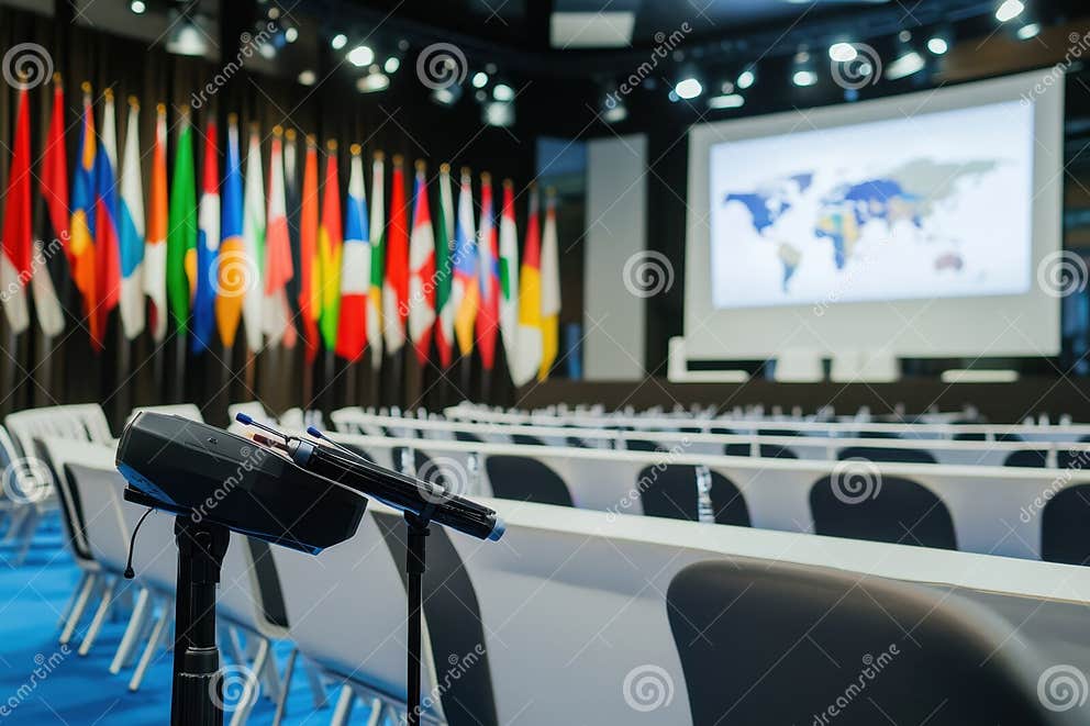 Conference Setup Featuring Flags and Presentation Screen in a Modern ...