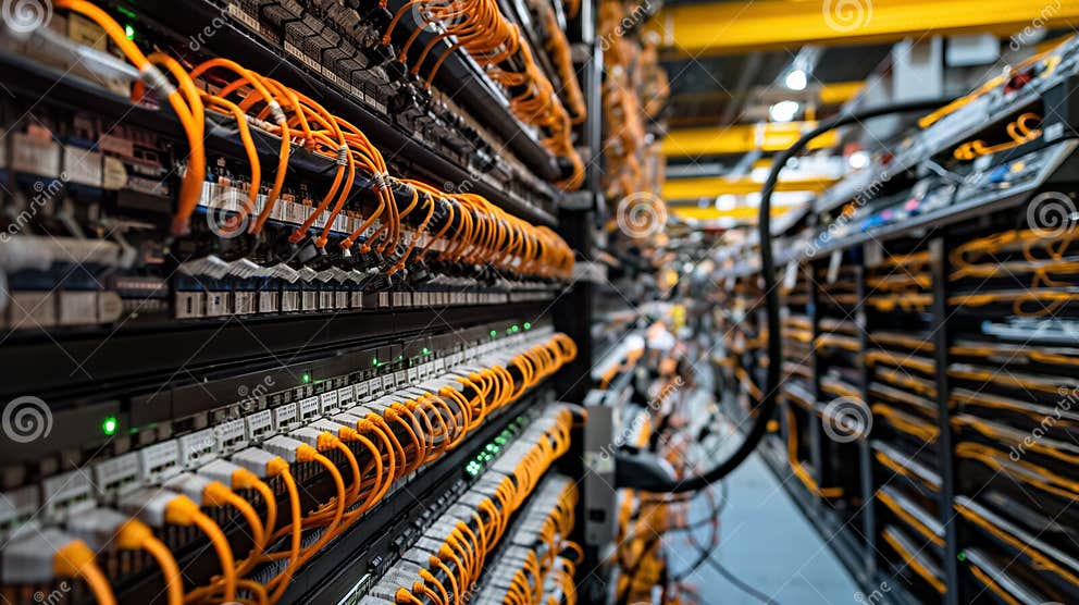 Rows of Server Hardware with Bright Orange Network Cables in a Modern ...