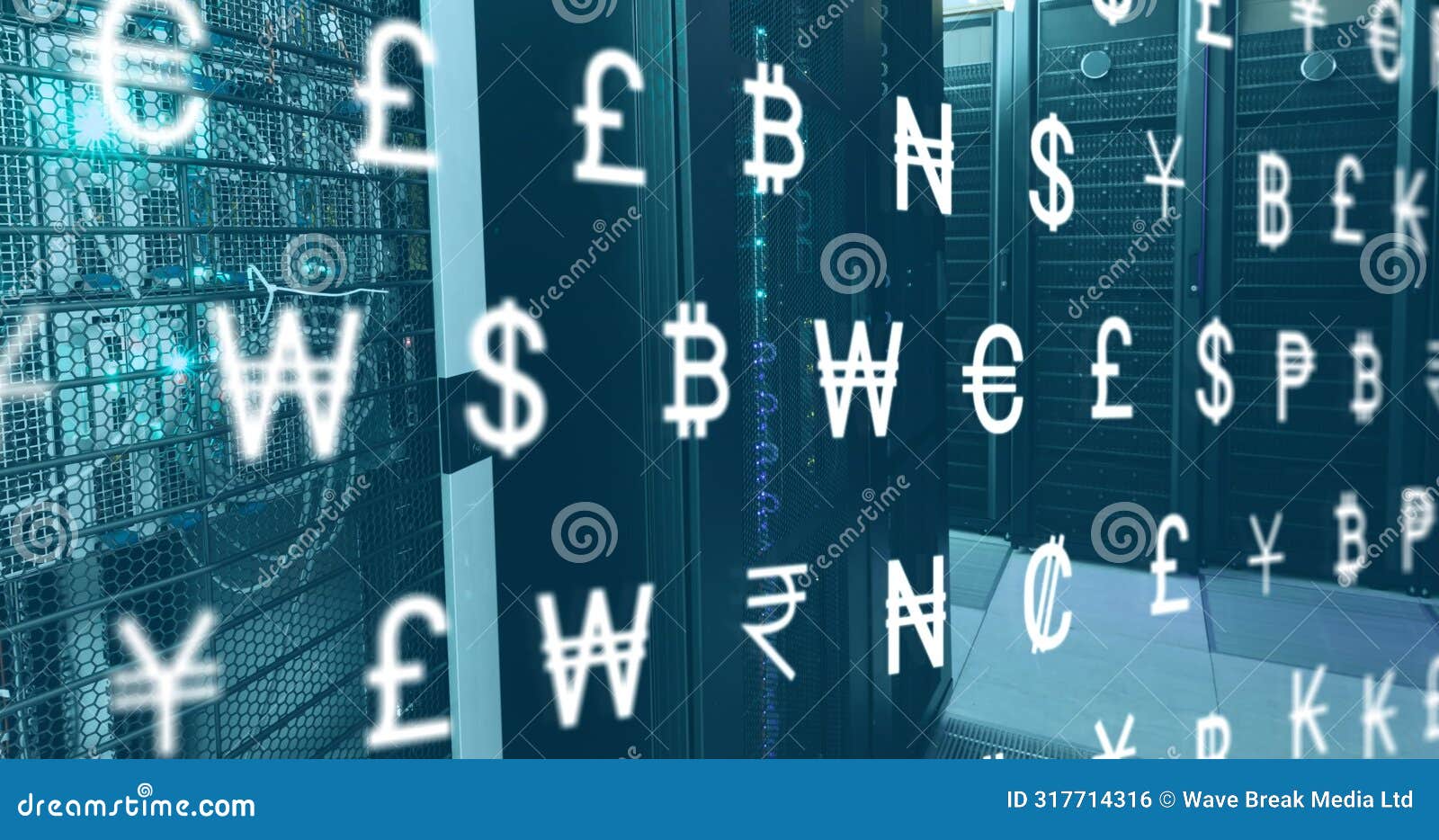 Rows of Server Racks with Glowing Currency Symbols Representing Digital ...