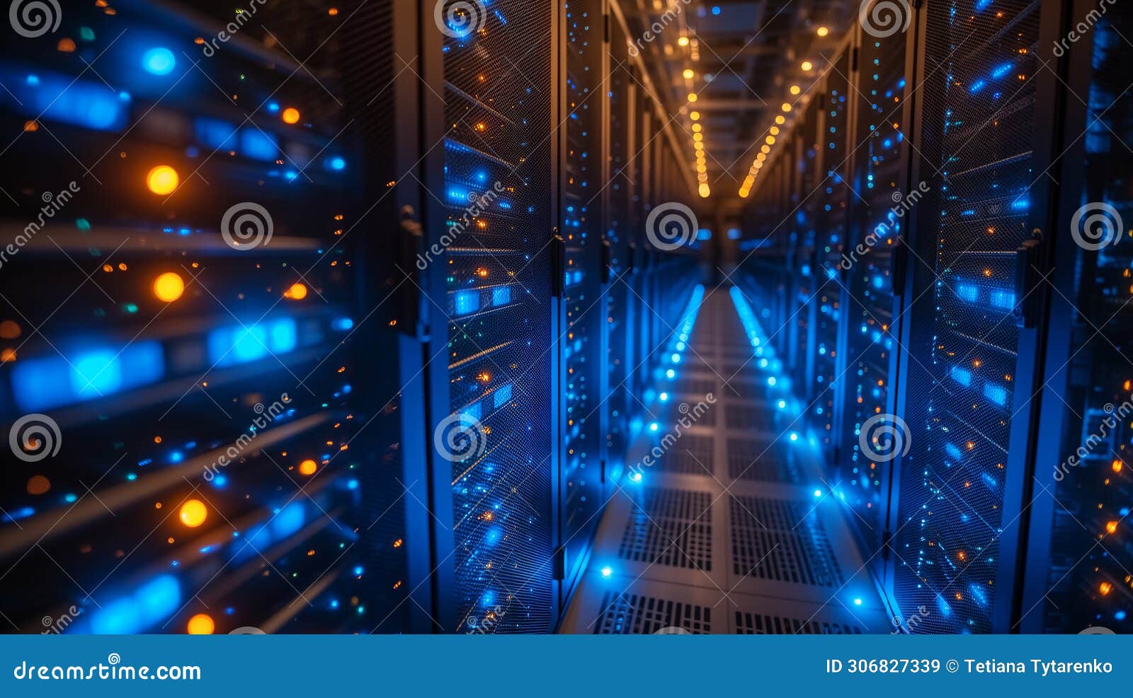 Rows of Server Racks Illuminated Like Beacons in High-tech Data Storage ...