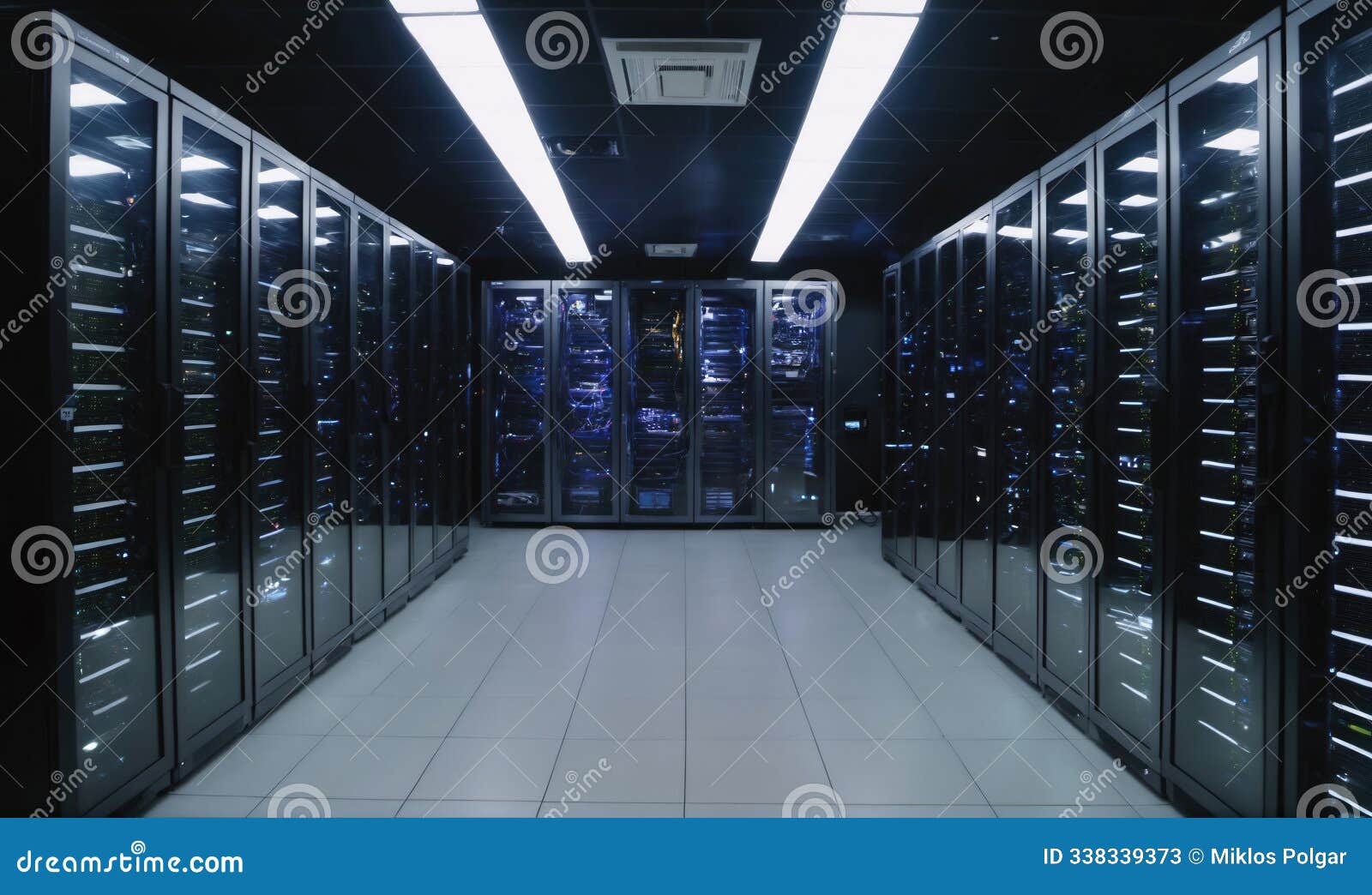 Rows of Server Racks Line the Hallway of a Data Center, Lit by Overhead ...