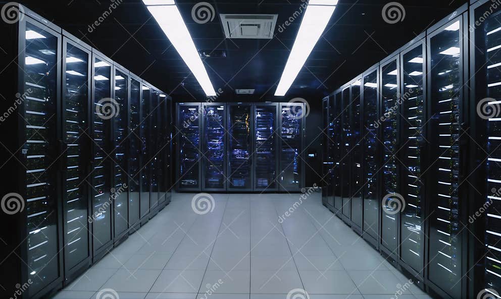 Rows of Server Racks Line the Hallway of a Data Center, Lit by Overhead ...