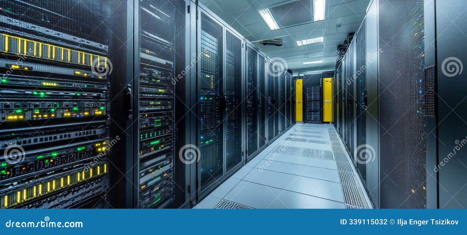 Rows of Server Racks with Network and Storage Devices, Illuminated ...