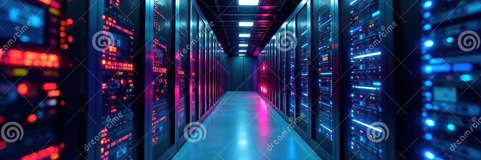 Rows of Servers Actively Processing Data in a Modern Server Room Connections Information Storage ...