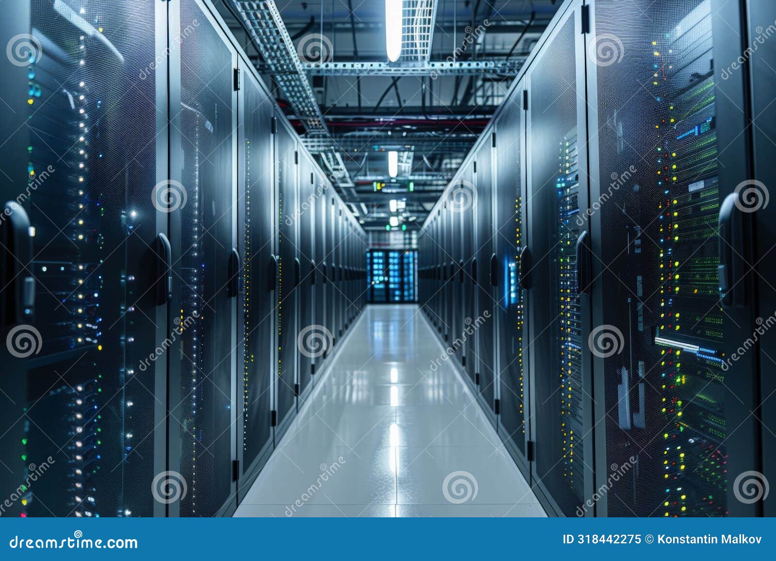 Rows of Servers Fill a Long Building Hallway in a Data Center Stock ...