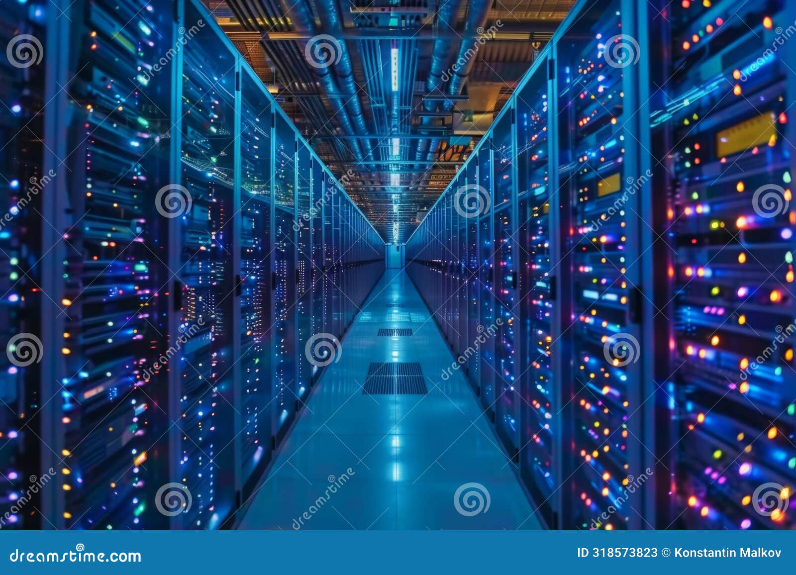 Rows of Servers Fill a Long Building Hallway in a Data Center Stock ...
