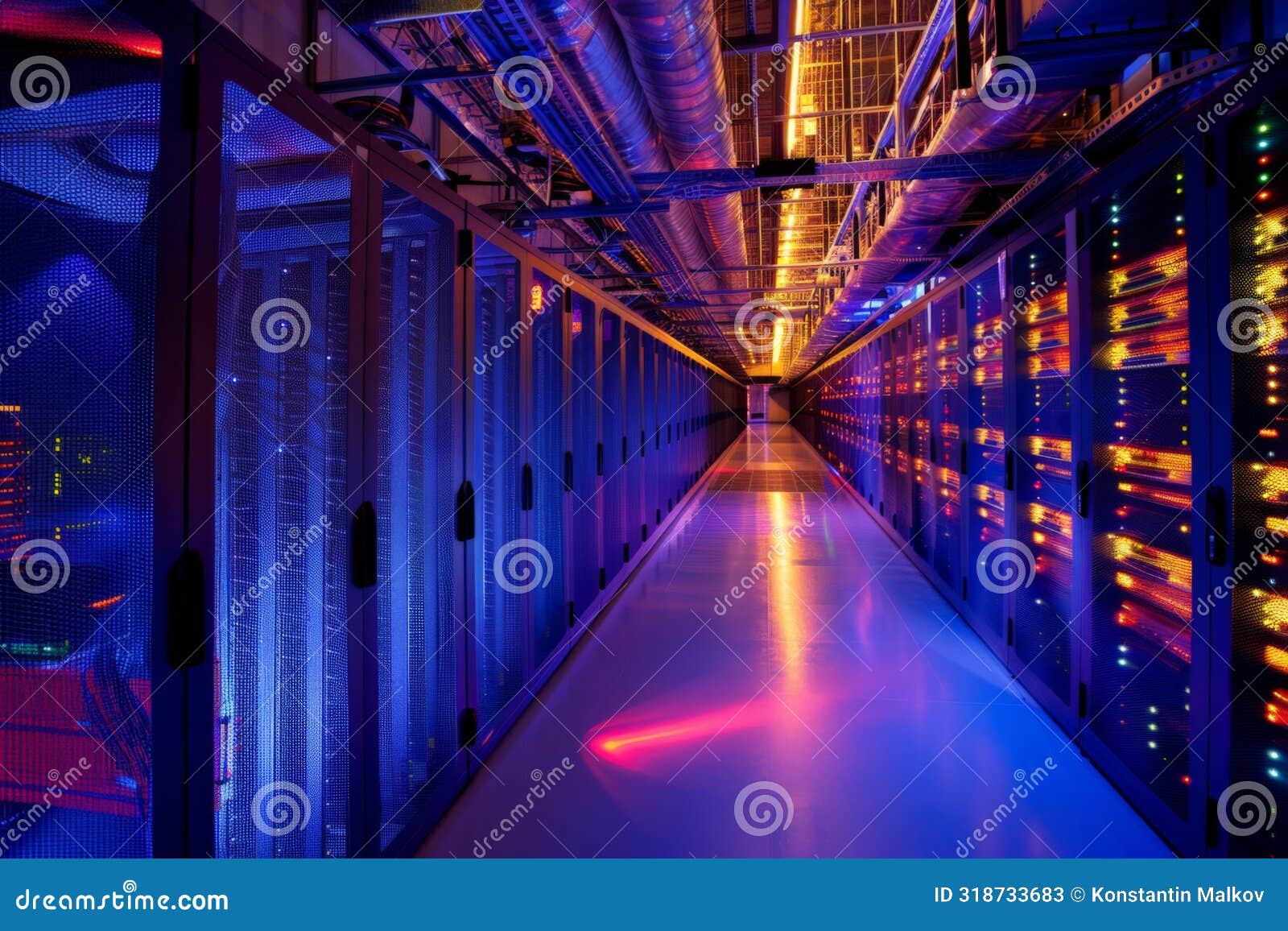 Rows of Servers Fill a Long Building Hallway in a Data Center Stock ...