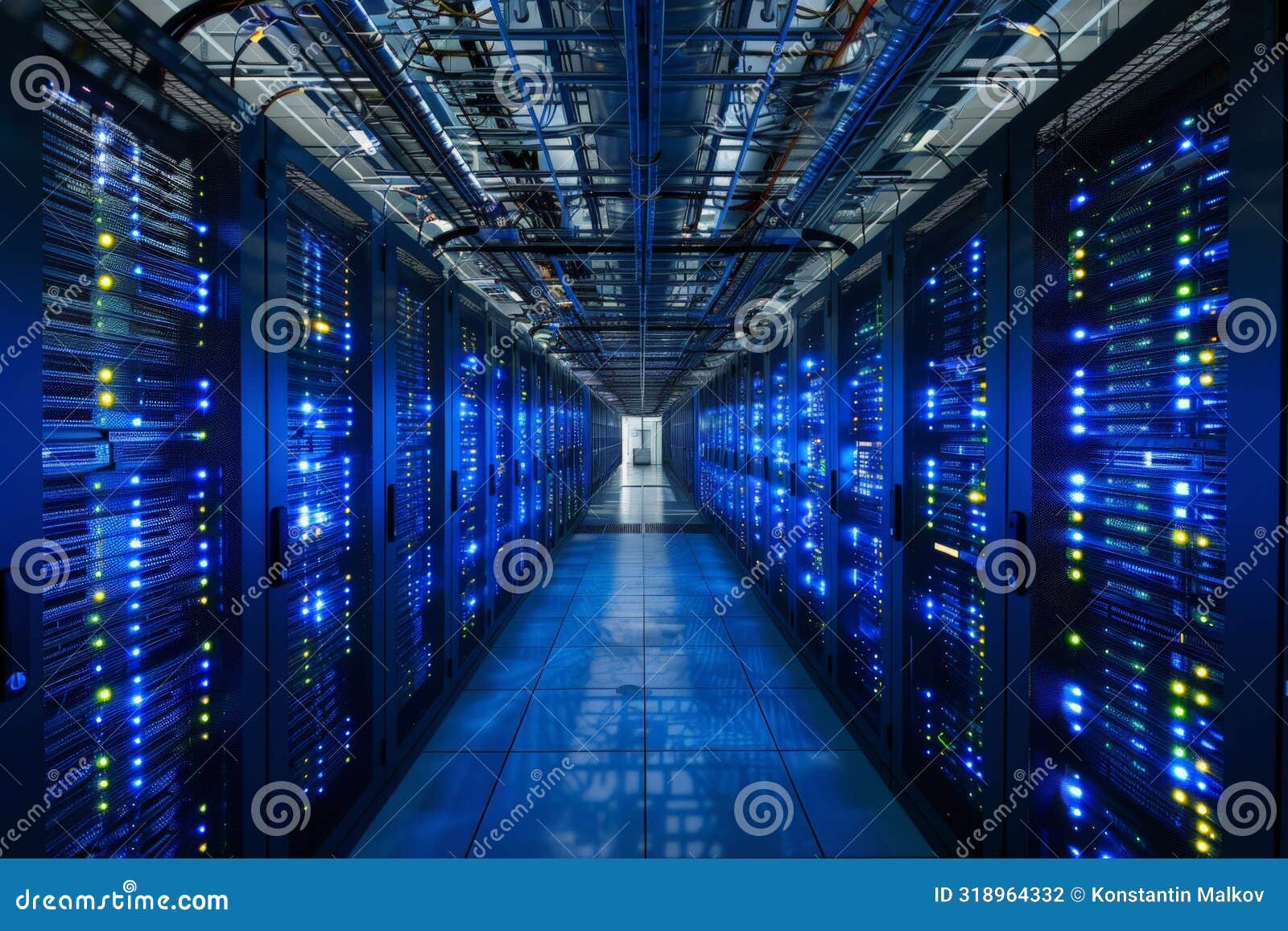 Rows of Servers Fill a Long Building Hallway in a Data Center Stock ...