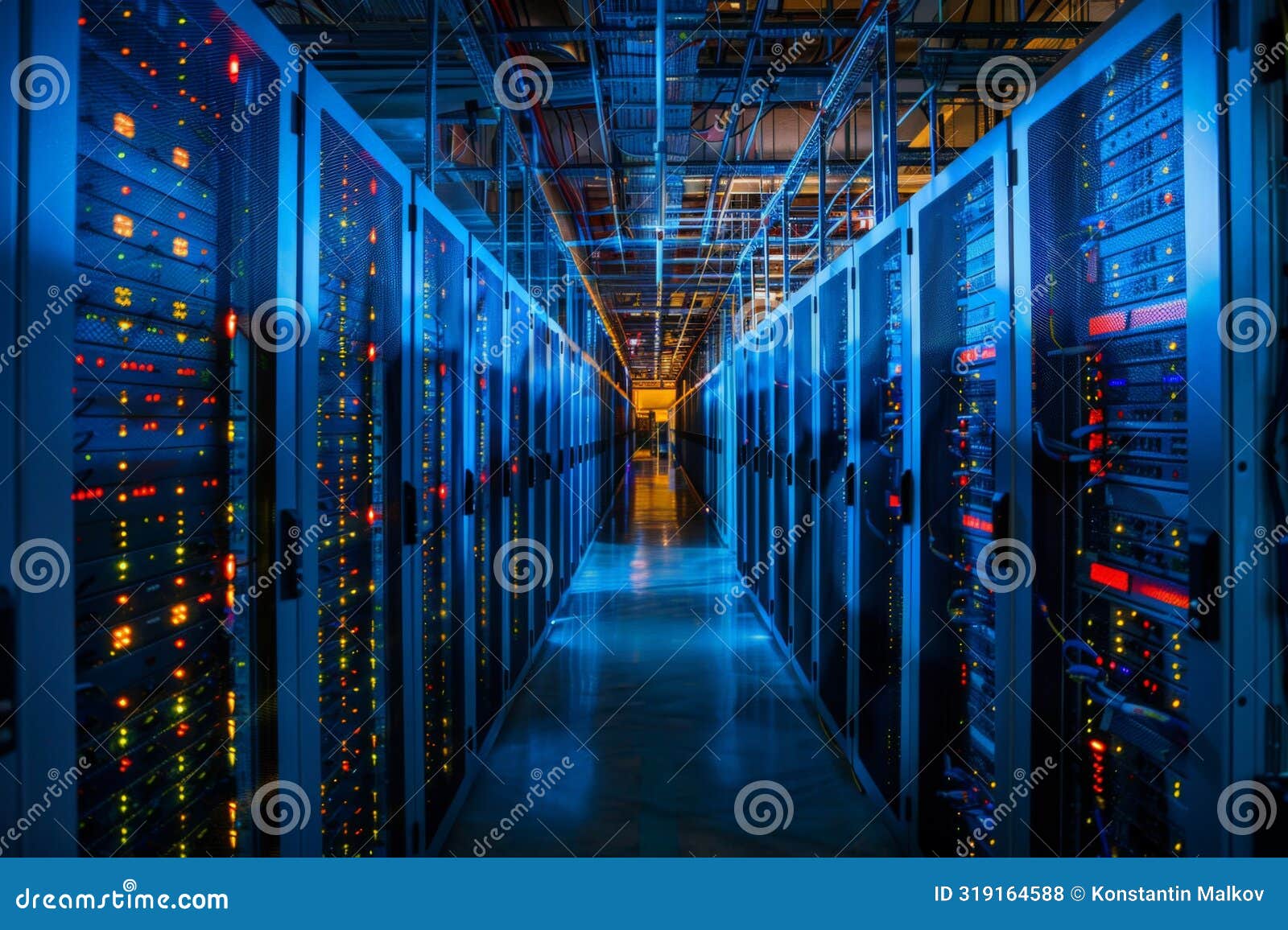Rows of Servers Fill a Long Building Hallway in a Data Center Stock ...