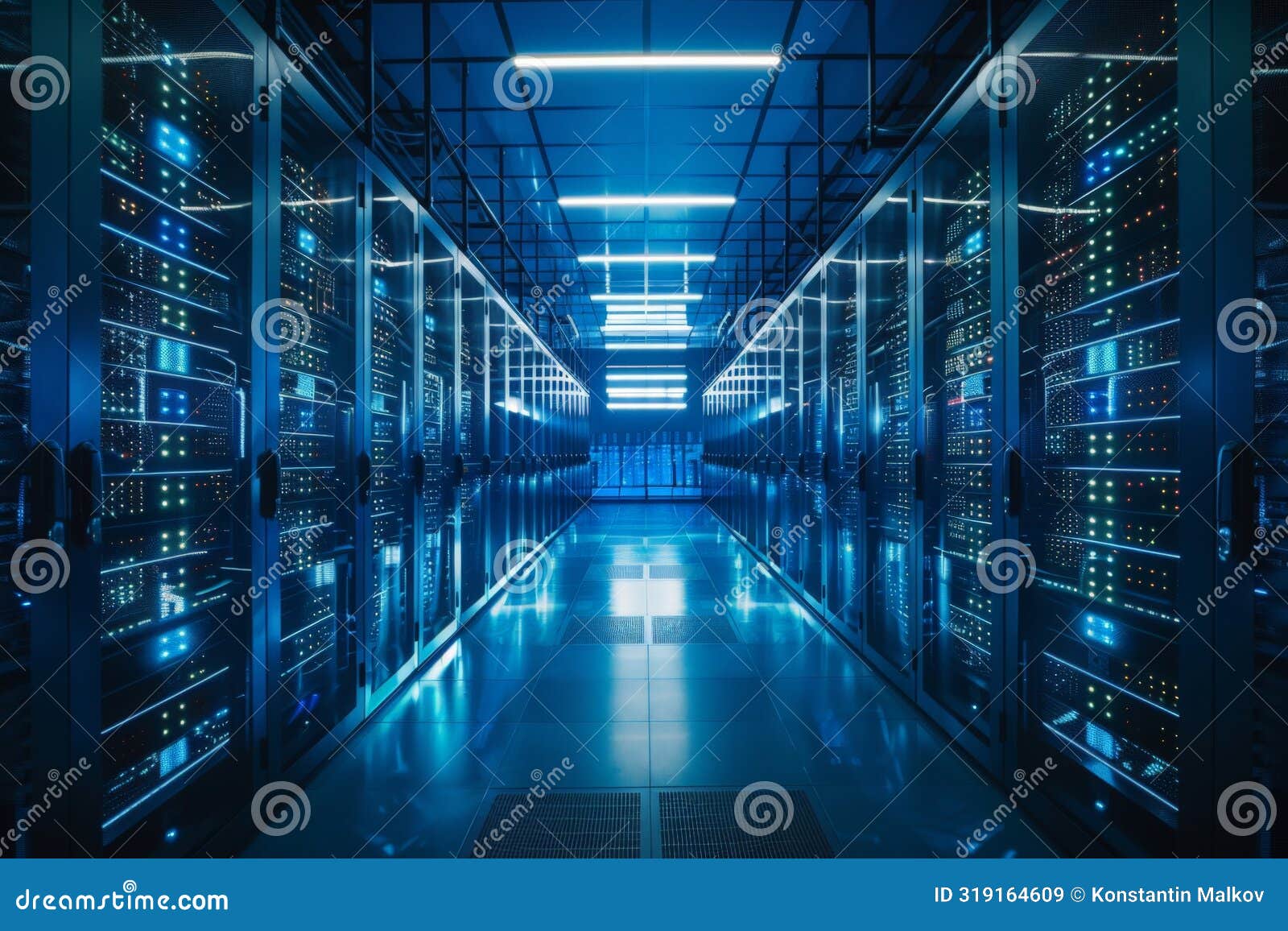 Rows of Servers Fill a Long Building Hallway in a Data Center Stock ...