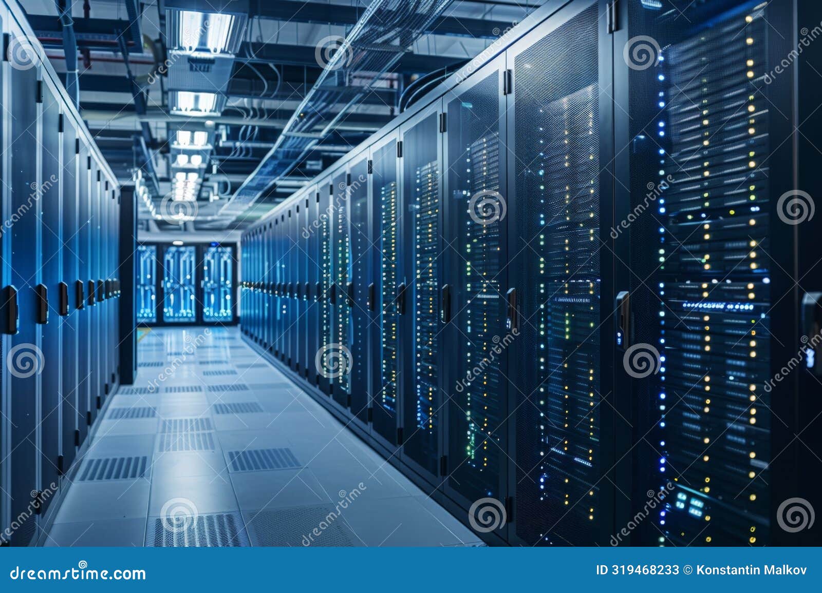 Rows of Servers Fill a Long Building Hallway in a Data Center Stock ...
