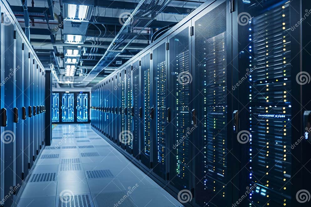Rows of Servers Fill a Long Building Hallway in a Data Center Stock ...